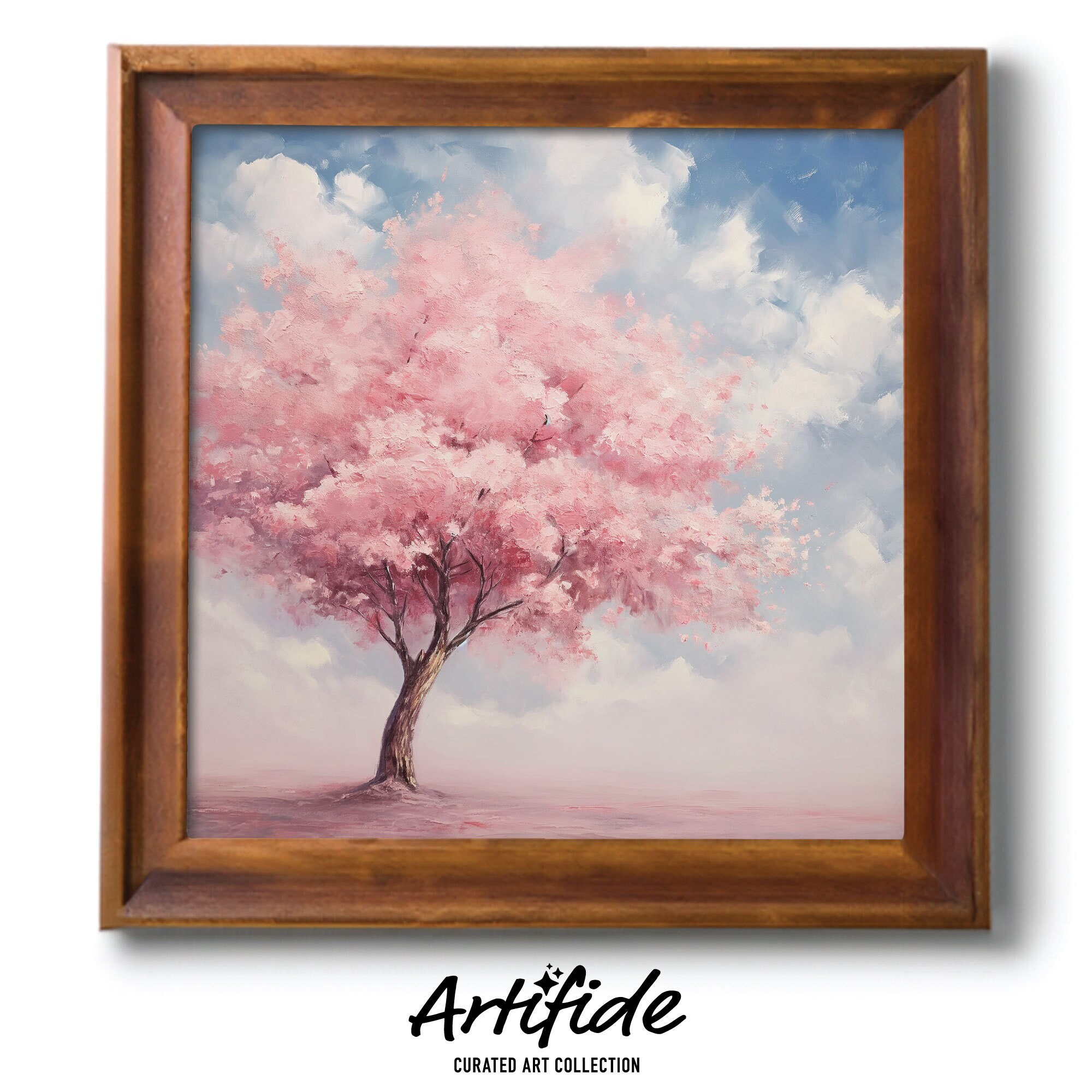 Pink Tree and Cloudy Sky Painting Cherry Blossoms Influence Whimsical ...