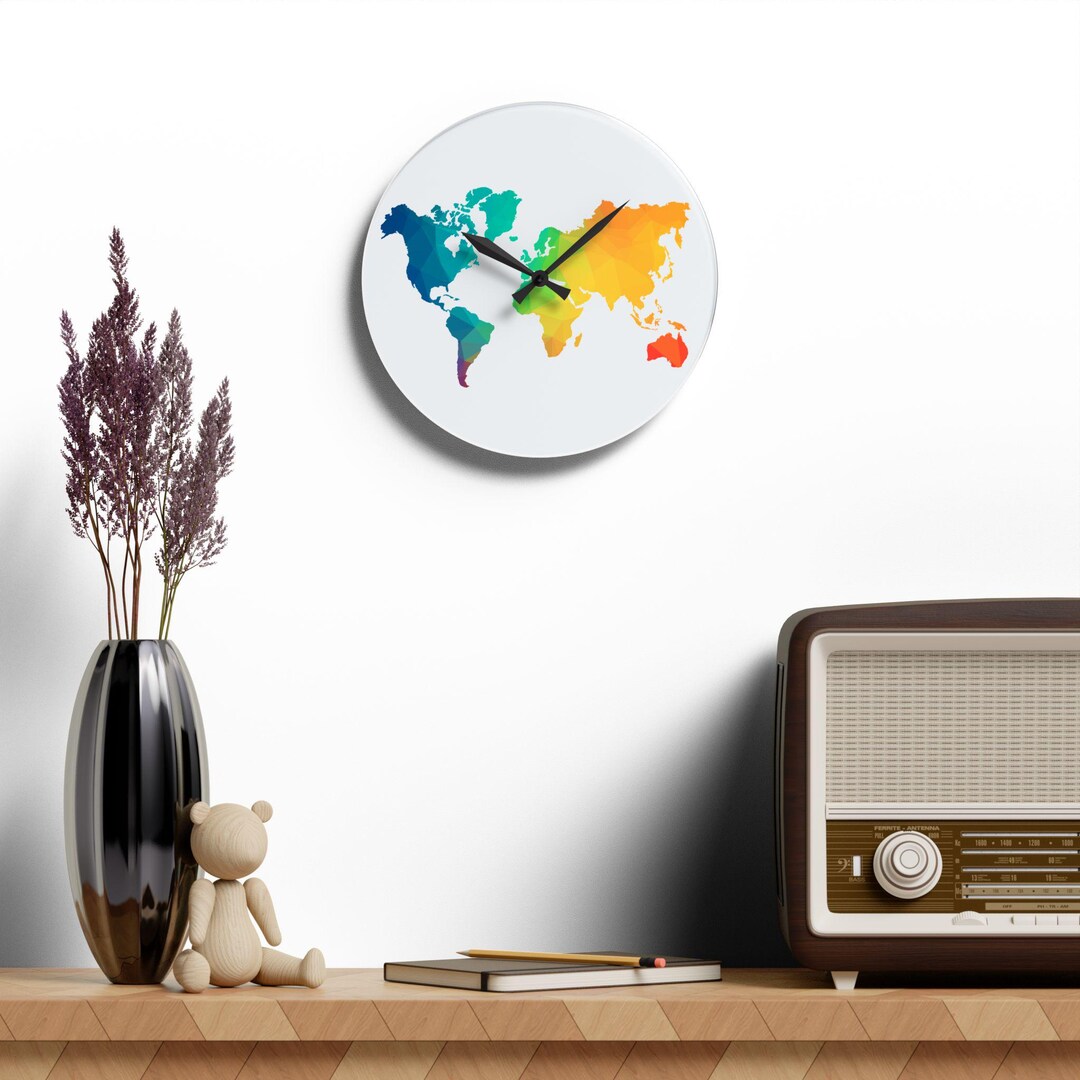 Colorful World Map Acrylic Wall Clock, Modern Home Decor, Gift for ...