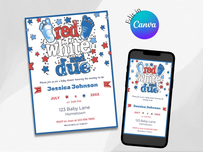 Red White and Due Baby Shower Invitation, 4th of July Baby Shower ...