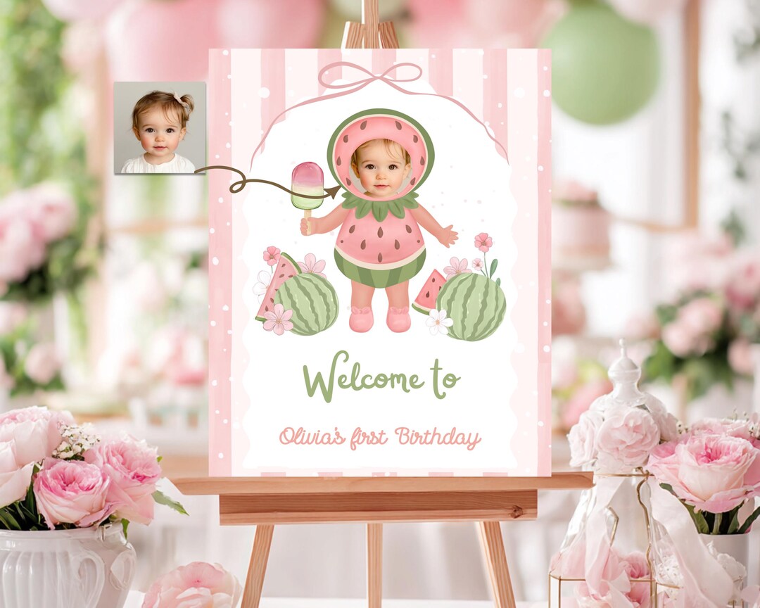 One in a Melon Welcome Sign With Photo, Editable Canva Template, First ...