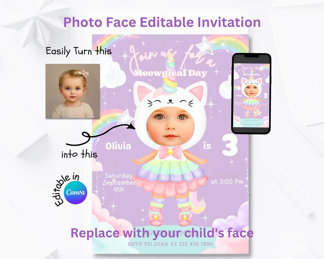 Caticorn Birthday Invitation, Custom Photo Kittycorn Birthday Invite ...