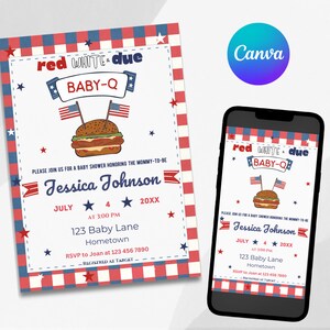 Red White and Due Babyq, 4th of July Baby Shower Invitation Template ...