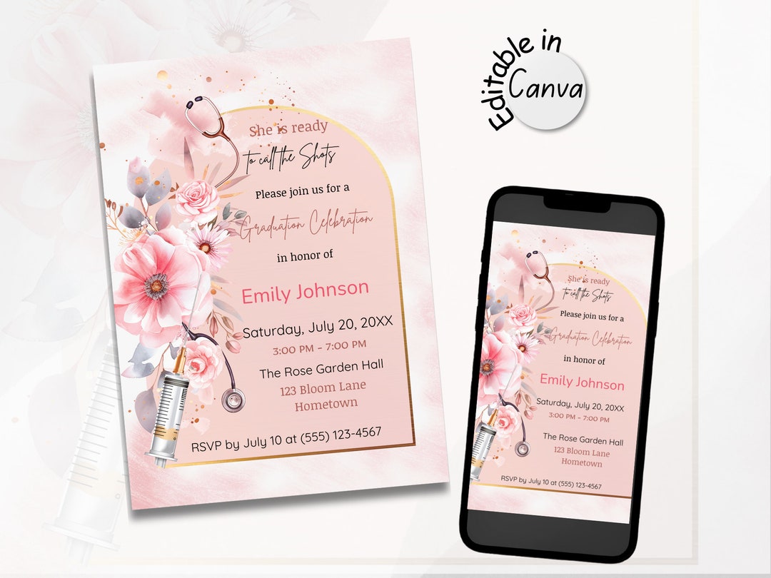 Floral Nurse Graduation Invitation: Ready to Call the Shots, Editable ...