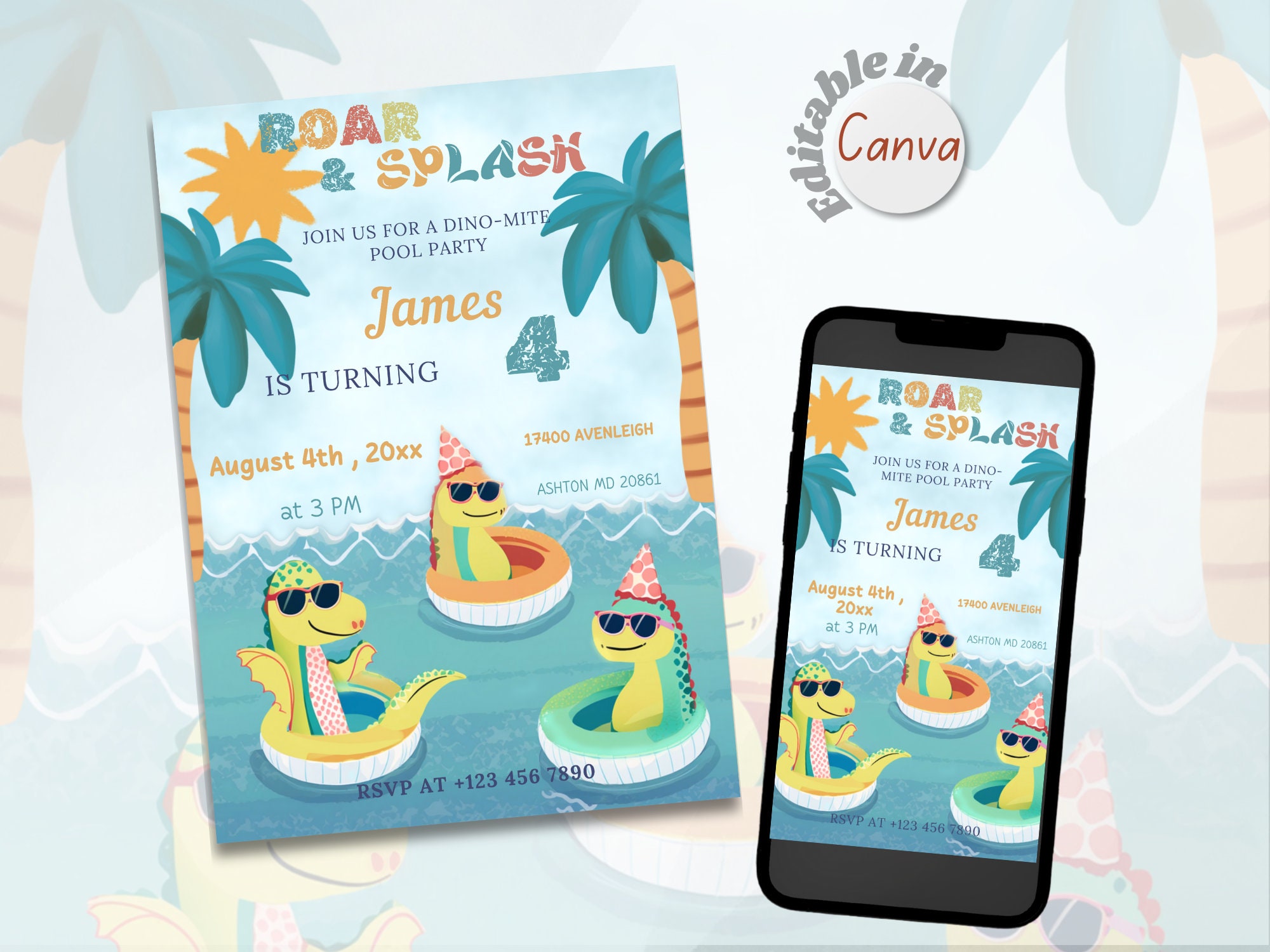 Dino Pool Party Invitation, Dinosaur Pool Birthday Invitation, Editable ...