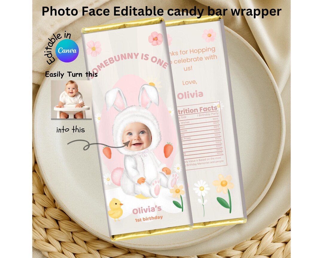 Somebunny is One Chocolate Bar Wrapper: Editable Photo Favor , Candy ...