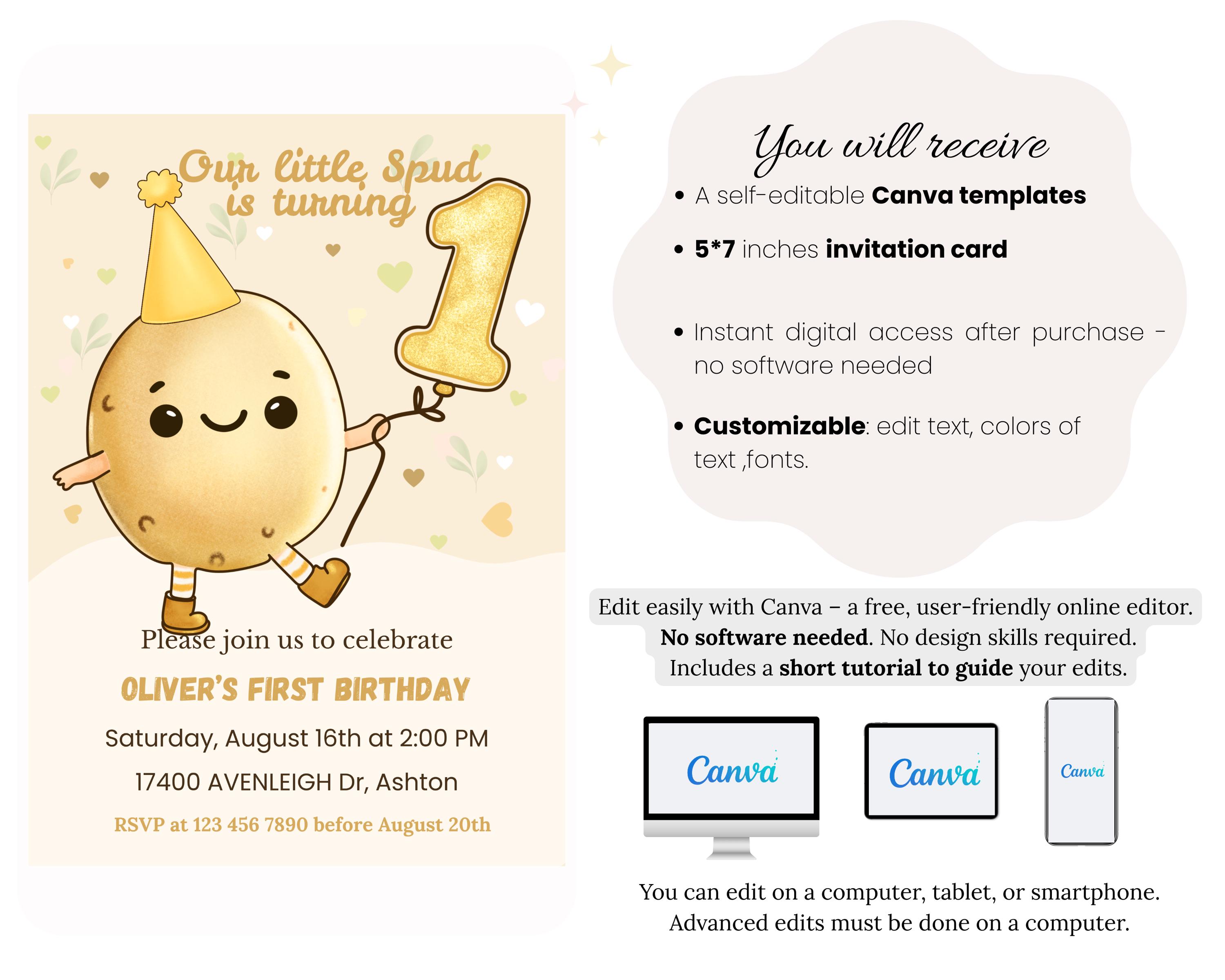 Little Spud 1st Birthday Invitation: Editable Potato Party Theme ...