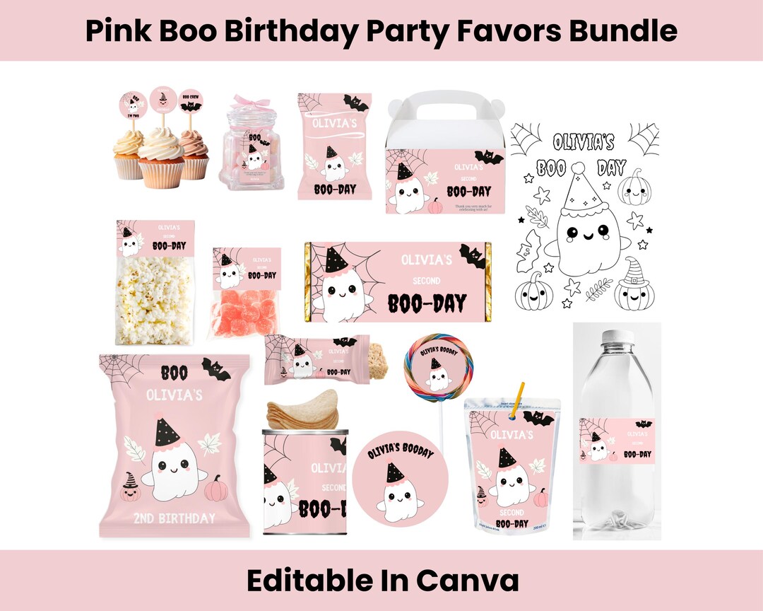 Pink Boo Ghost Birthday Party Favors Bundle: Canva Templates (digital ...