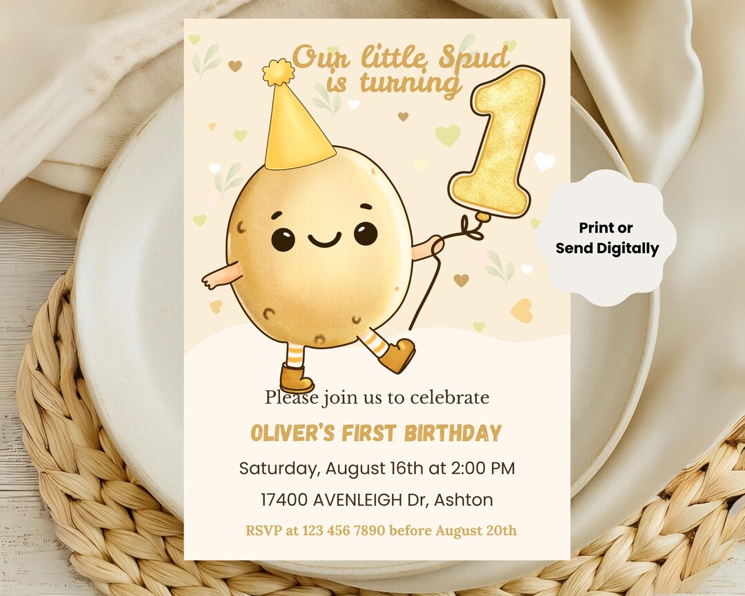 Little Spud 1st Birthday Invitation: Editable Potato Party Theme ...