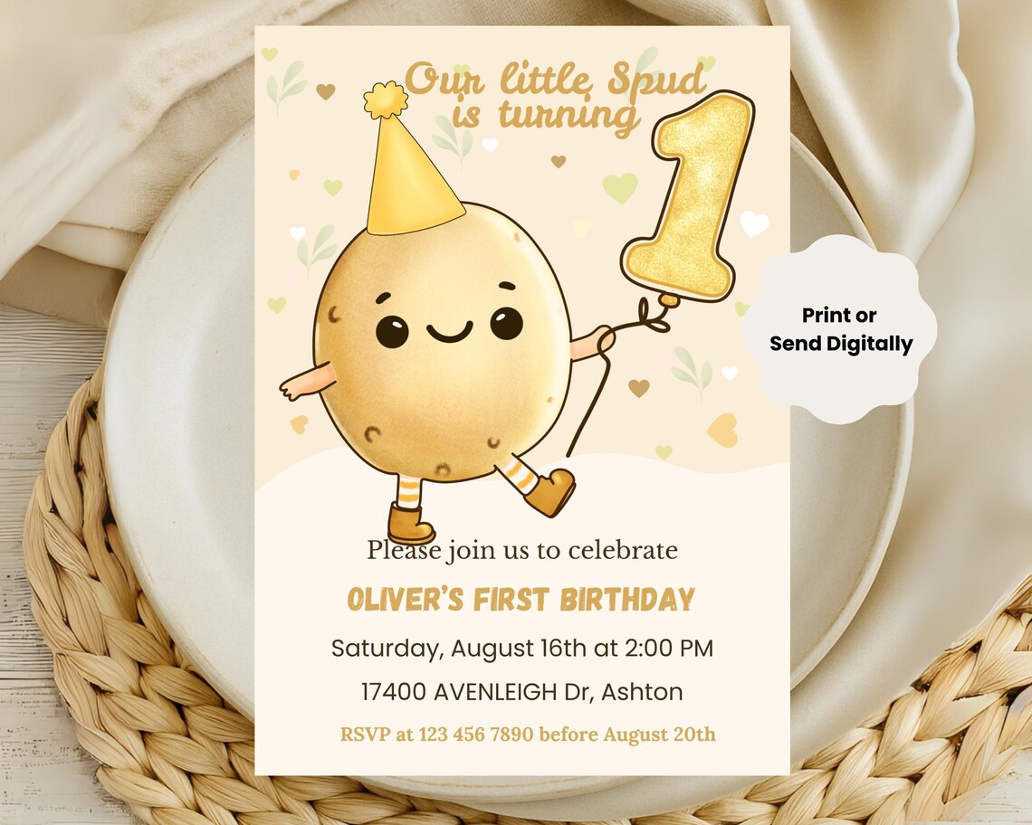 Little Spud 1st Birthday Invitation: Editable Potato Party Theme ...