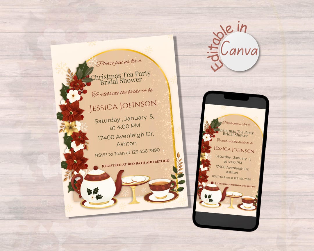 Christmas Tea Invitation, Festive Holiday Bridal Shower Card, Canva ...