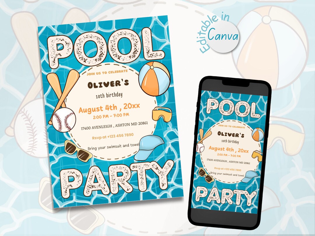 Editable Baseball Pool Party Invitation, Baseball Water Slide Birthday ...