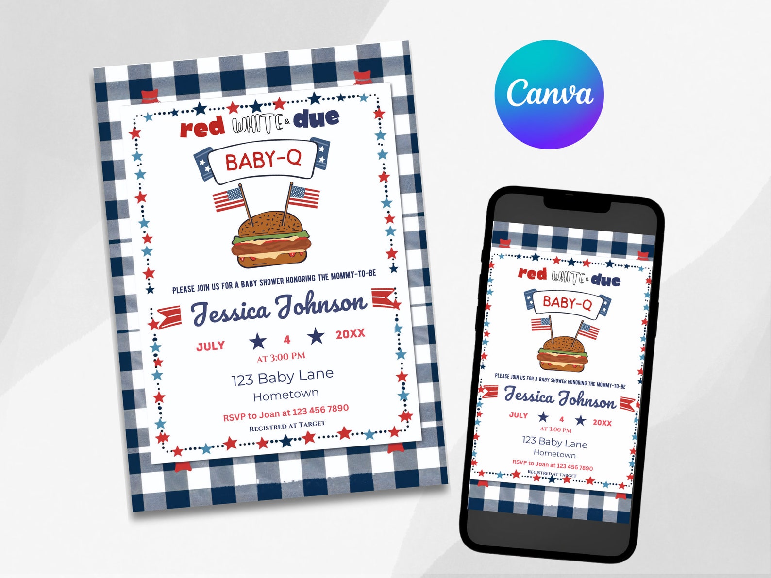 Red White and Due Babyq, Rustic 4th of July Baby Shower Invitation ...