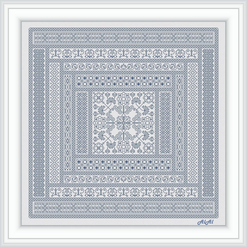 Panel Blackwork Sampler Celtic Knot Geometric Ornament Butterfly Flowers Backstitch Monochrome ...