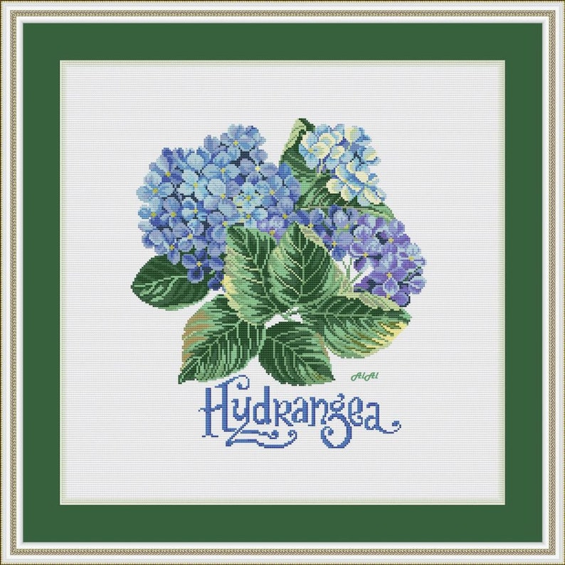 Cross Stitch Pattern Flowers Blue Hydrangea Bouquet Nature Floral Botany Garden Counted ...