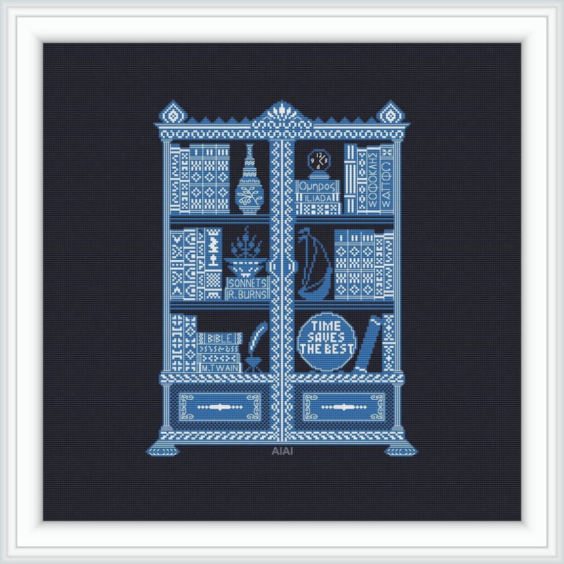 Cross Stitch Pattern Bookcase Book Silhouette Ornament Library Books ...