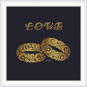 Cross Stitch Pattern Wedding Gold Rings Floral Ornament Monochrome ...