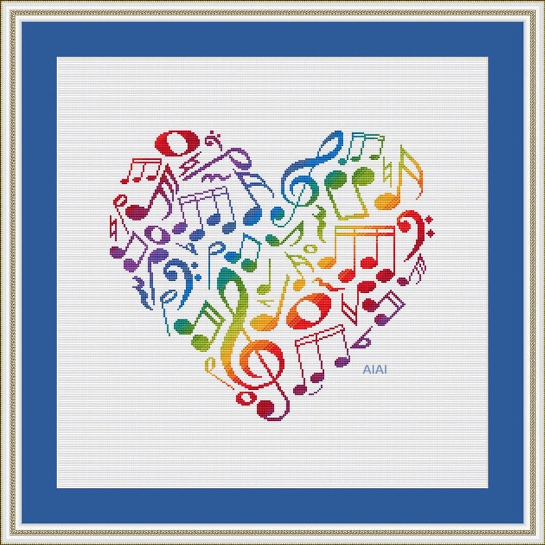Cross Stitch Pattern Music Heart Notes Treble Clef Rainbow Bass Clef ...