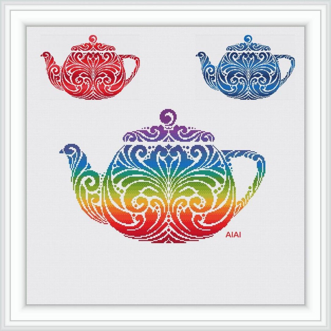 Cross Stitch Pattern Teapot Silhouette Kitchen Tea Ornament Rainbow ...