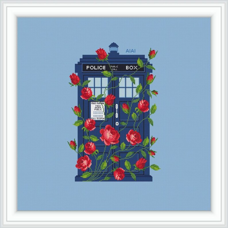 Cross Stitch Pattern Police Box Tardis Doctor Who Roses Flowers ...