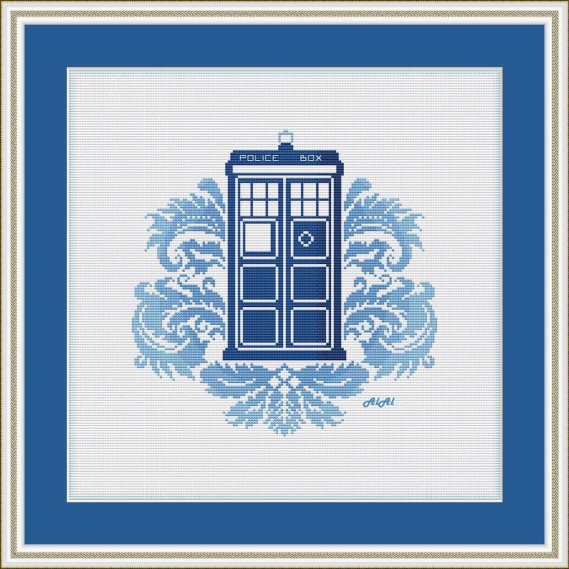 Cross Stitch Pattern Doctor Who Tardis Police Box Floral Ornament Blue ...