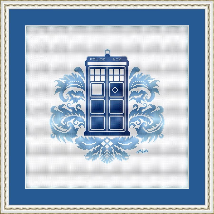 Cross Stitch Pattern Doctor Who Tardis Police Box Floral Ornament Blue ...