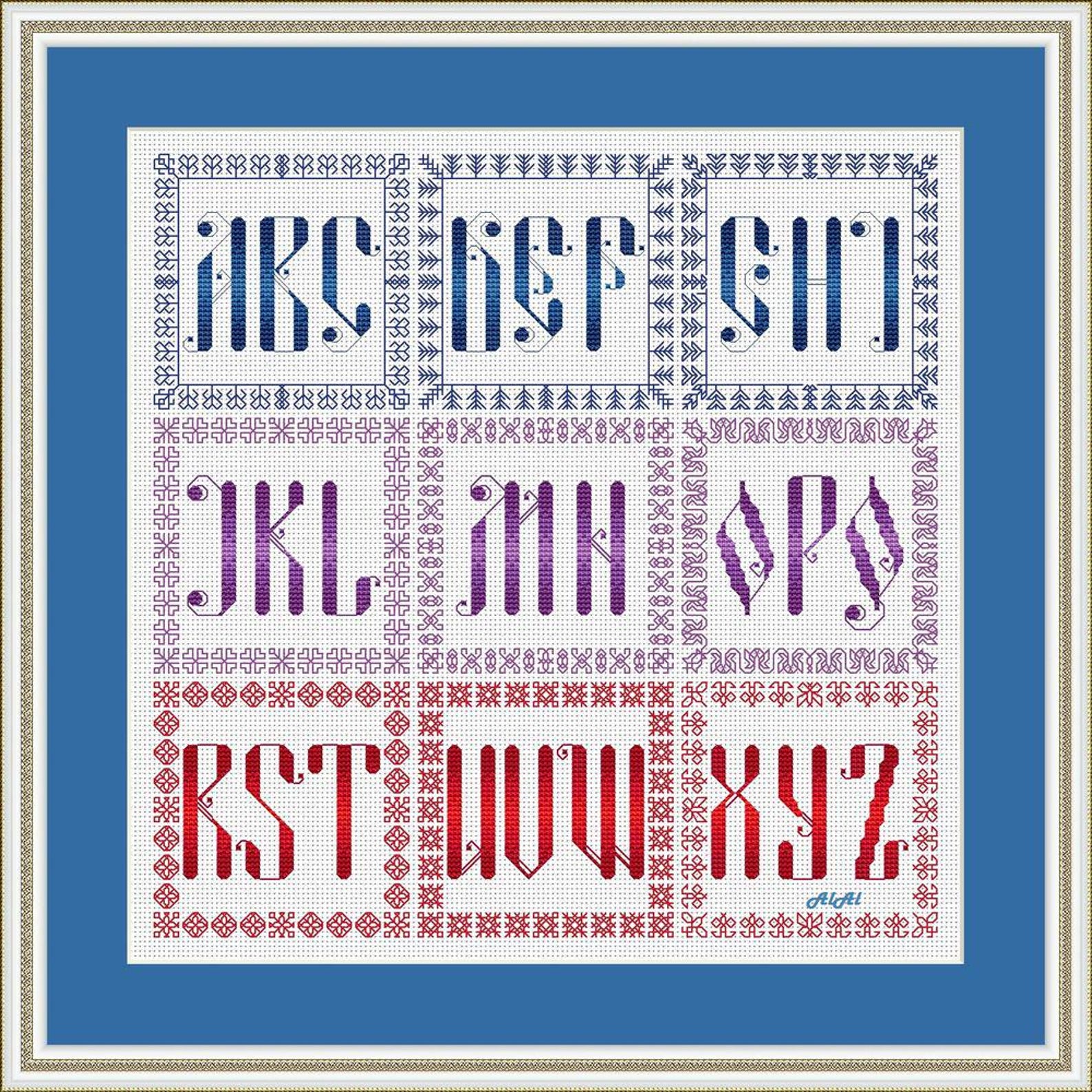 Cross Stitch Pattern Old English Alphabet Letters Blackwork Sampler ...