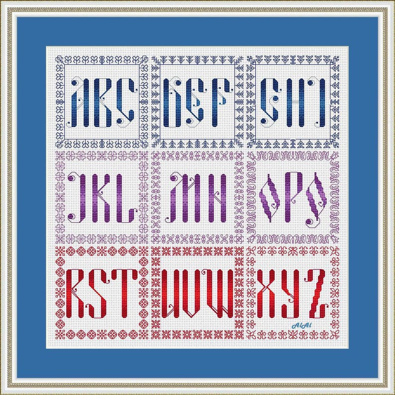Cross Stitch Pattern Old English Alphabet Letters Blackwork Sampler ...