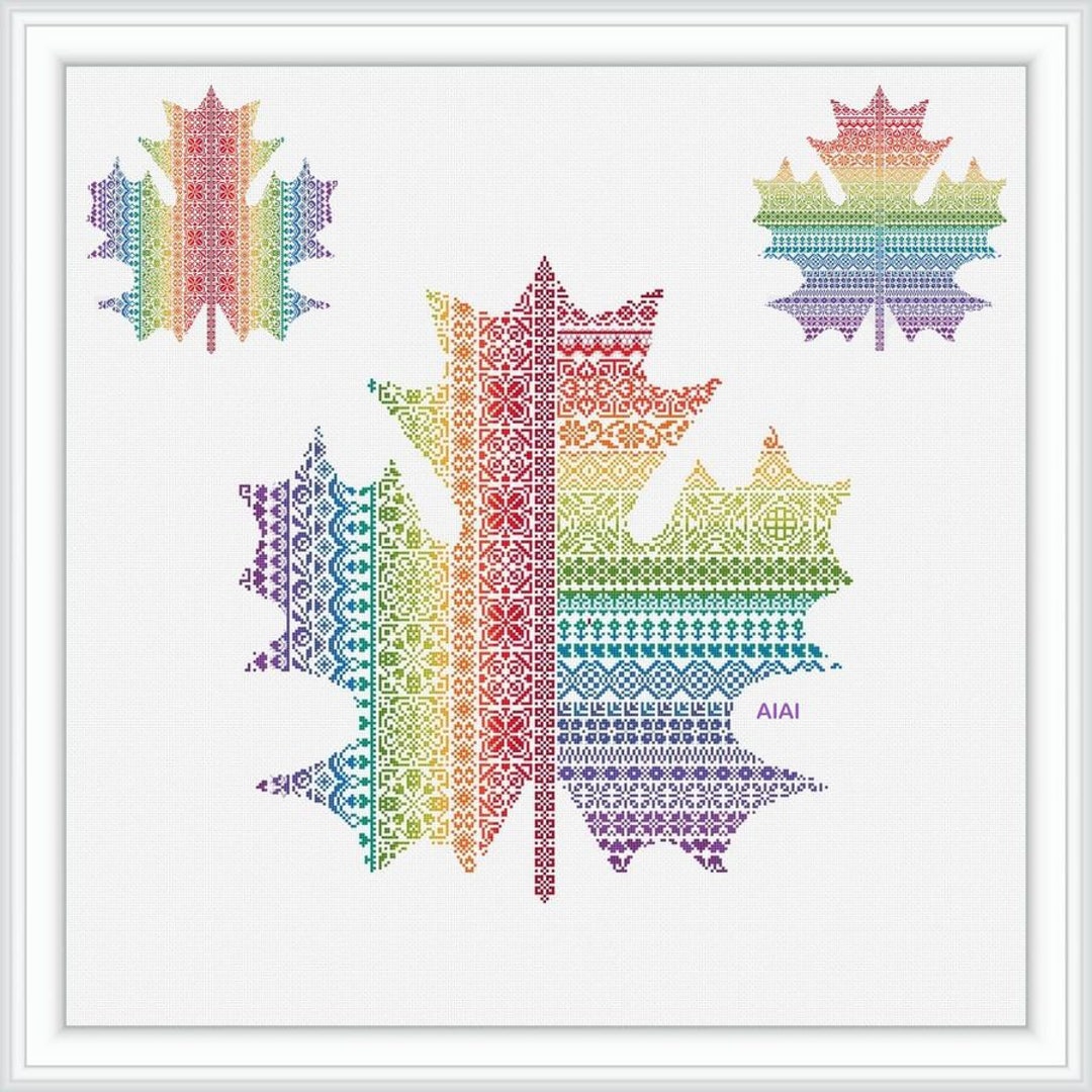 Cross Stitch Pattern Maple Leaf Silhouette Tree Ornament Rainbow Canada ...