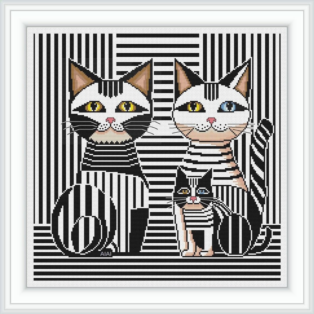 Cross Stitch Pattern Panel Striped Cats Modern Ornament Feline Family ...