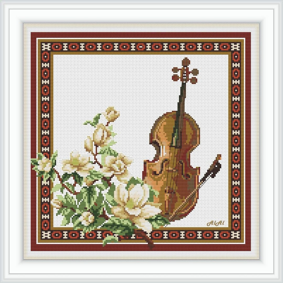 Cross Stitch Pattern Music Violin Bow Magnolia Flowers Frame Musical ...