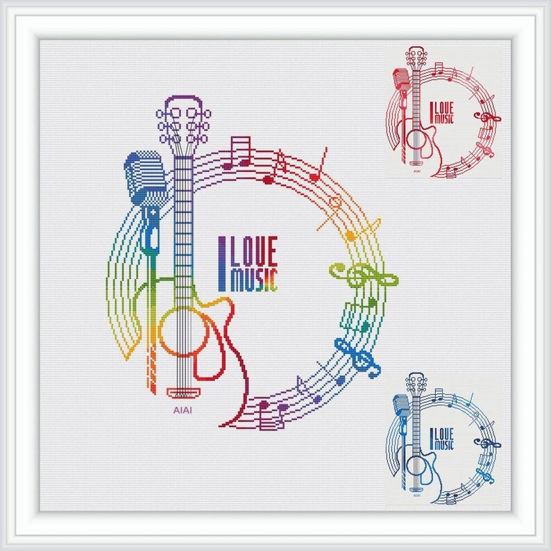 Cross Stitch Pattern Music Guitar Microphone Notes Stave Treble Clef ...