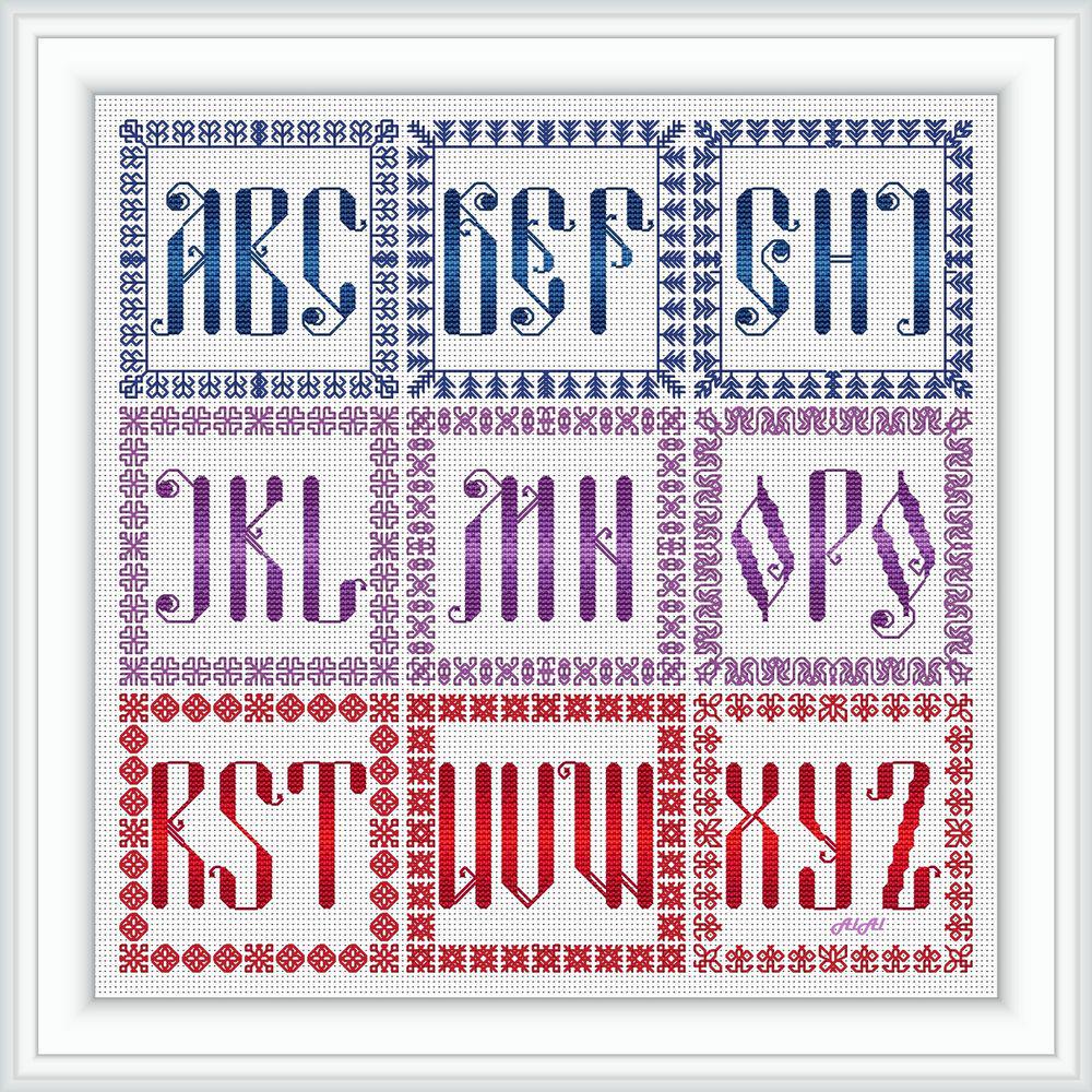 Cross Stitch Pattern Old English Alphabet Letters Blackwork Sampler ...