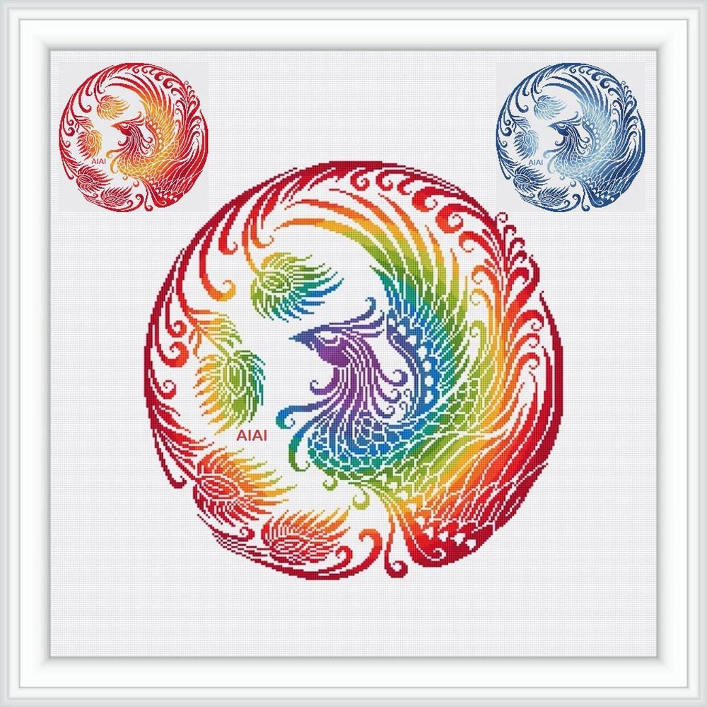Cross Stitch Pattern Bird Phoenix Silhouette Ornament Wings Rainbow ...