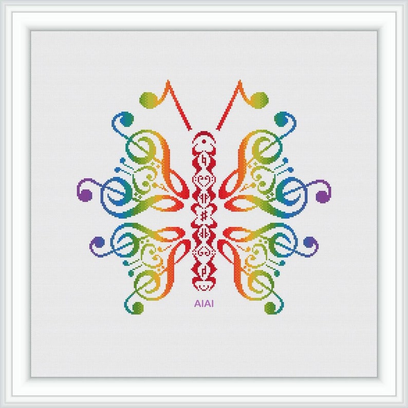 Cross Stitch Pattern Music Butterfly Silhouette Notes Treble Bass Clef ...