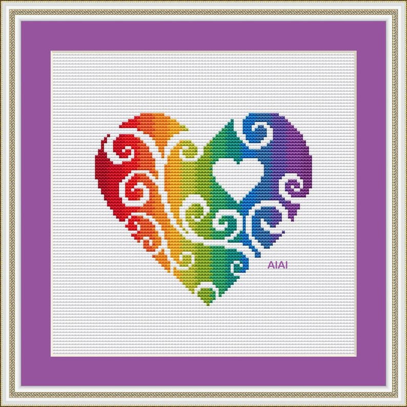Cross Stitch Pattern Small Heart Silhouette Curls Ornament Rainbow ...