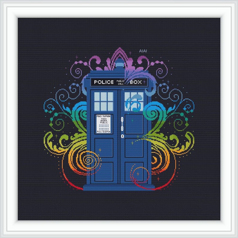 Cross Stitch Pattern Police Box Tardis Doctor Who Curls Rainbow ...