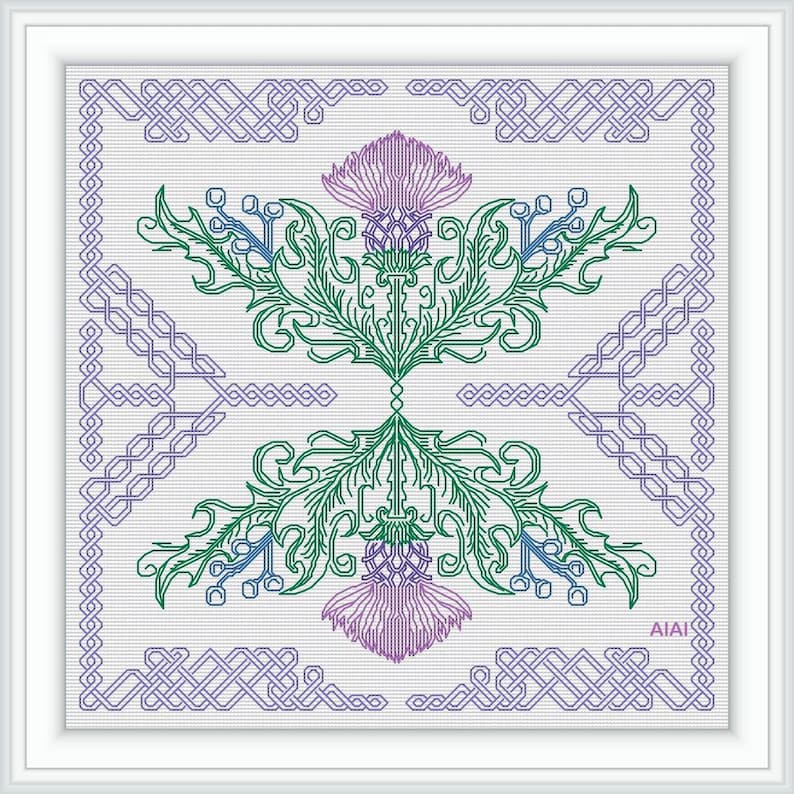 Blackwork Thistle Celtic Knot Backstitch Flower Scottish Symbol Scotland Scandinavia Pillow ...