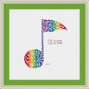 Cross Stitch Pattern Music Note Silhouette Floral Ornament Rainbow ...