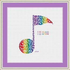 Cross Stitch Pattern Music Note Silhouette Floral Ornament Rainbow ...