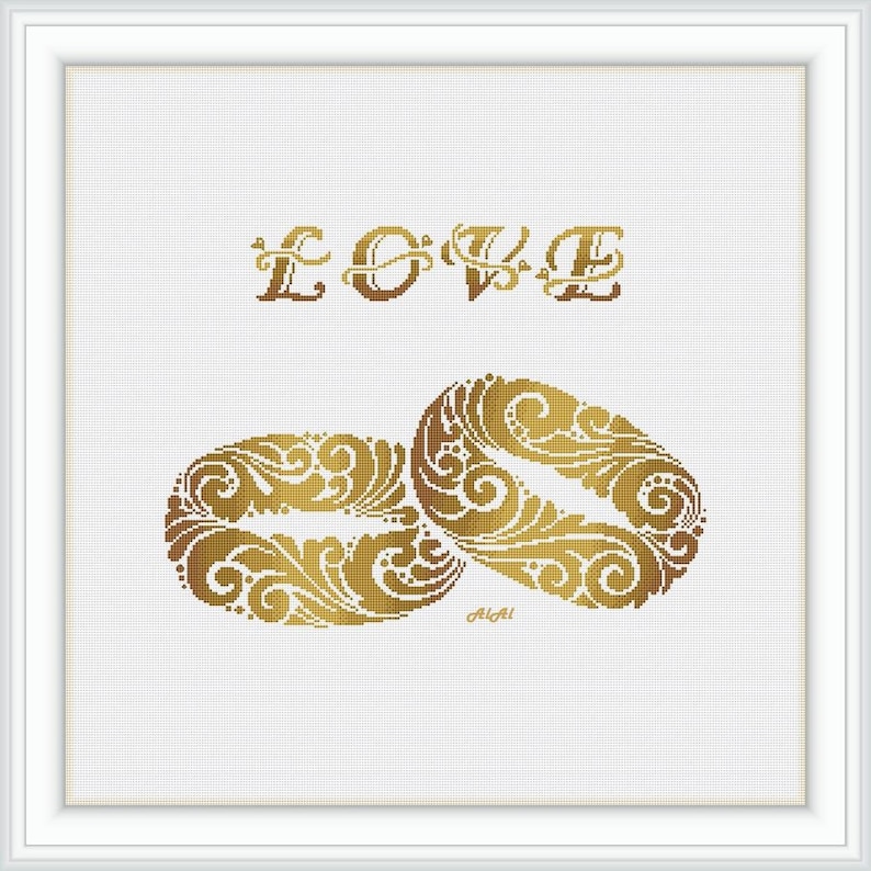 Cross Stitch Pattern Wedding Gold Rings Floral Ornament Monochrome ...