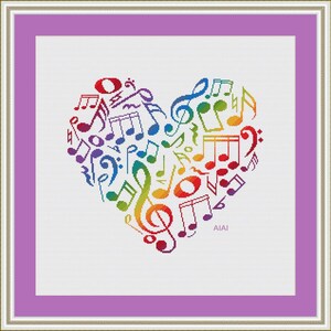 Cross Stitch Pattern Music Heart Notes Treble Clef Rainbow Bass Clef ...