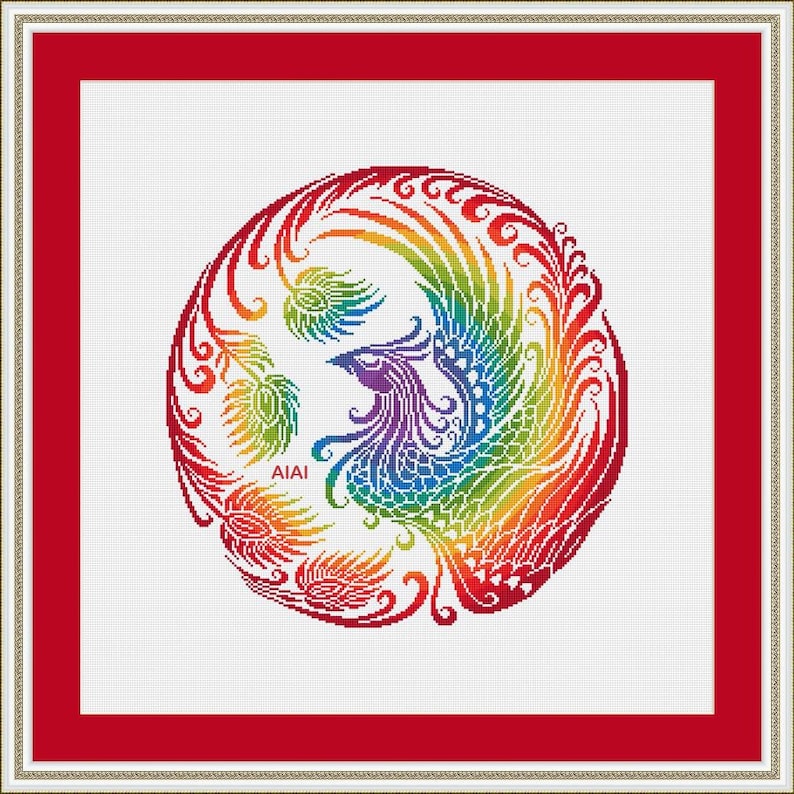 Cross Stitch Pattern Bird Phoenix Silhouette Ornament Wings Rainbow ...