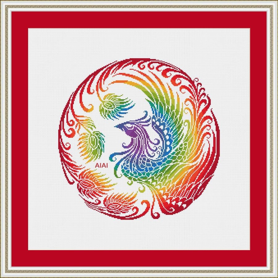 Cross Stitch Pattern Bird Phoenix Silhouette Ornament Wings Rainbow ...