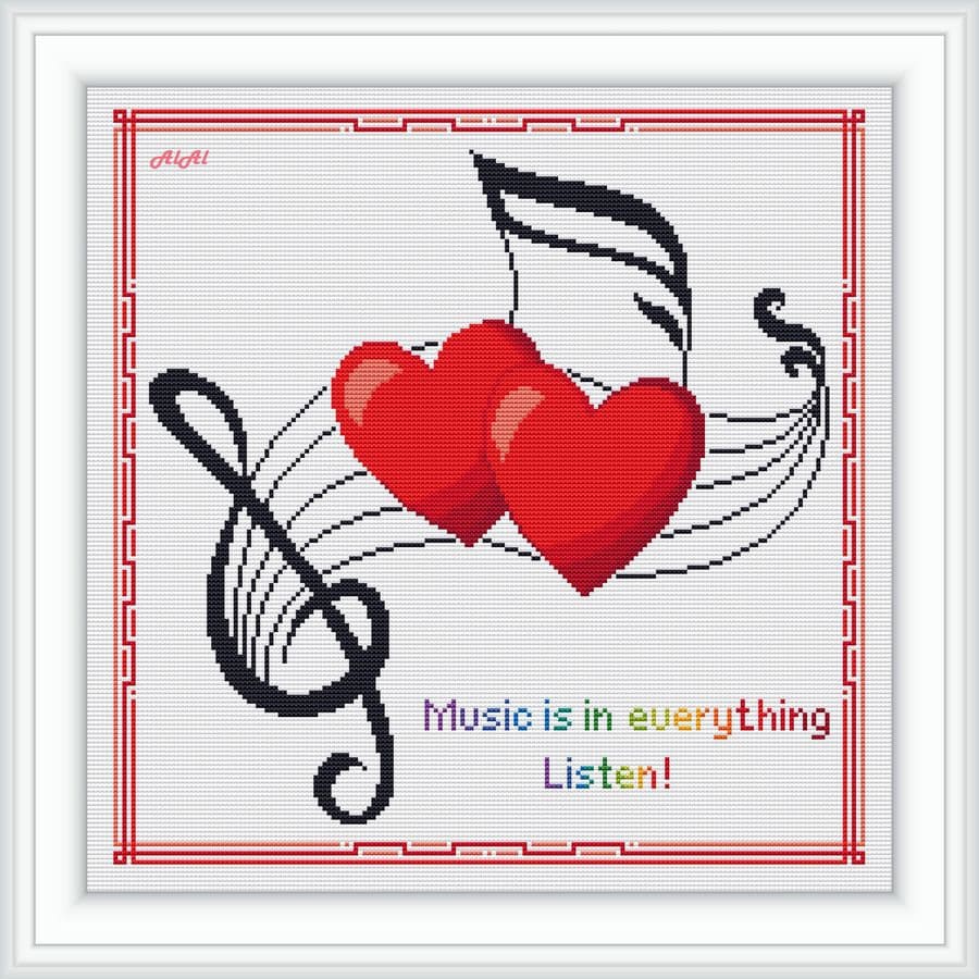 Cross Stitch Pattern Music Hearts Notes Staff Treble Clef Love Musical ...