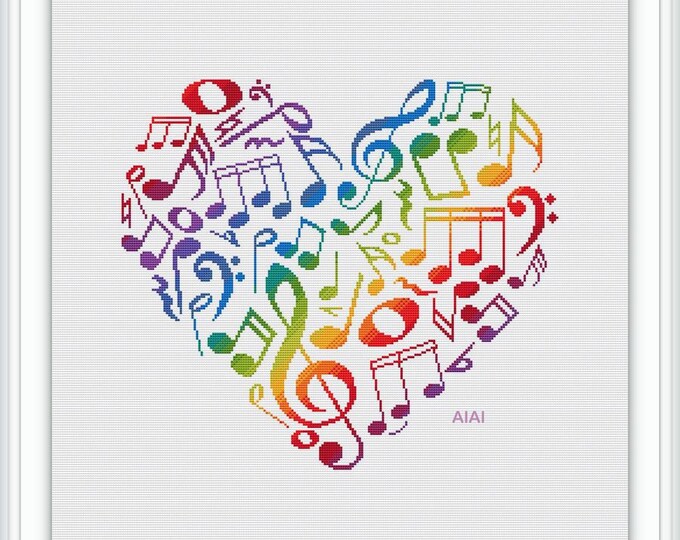 Cross Stitch Pattern Music Hand Musical Notes Treble Clef Rainbow Bass ...