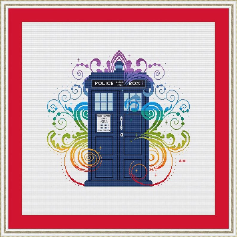 Cross Stitch Pattern Police Box Tardis Doctor Who Curls Rainbow ...