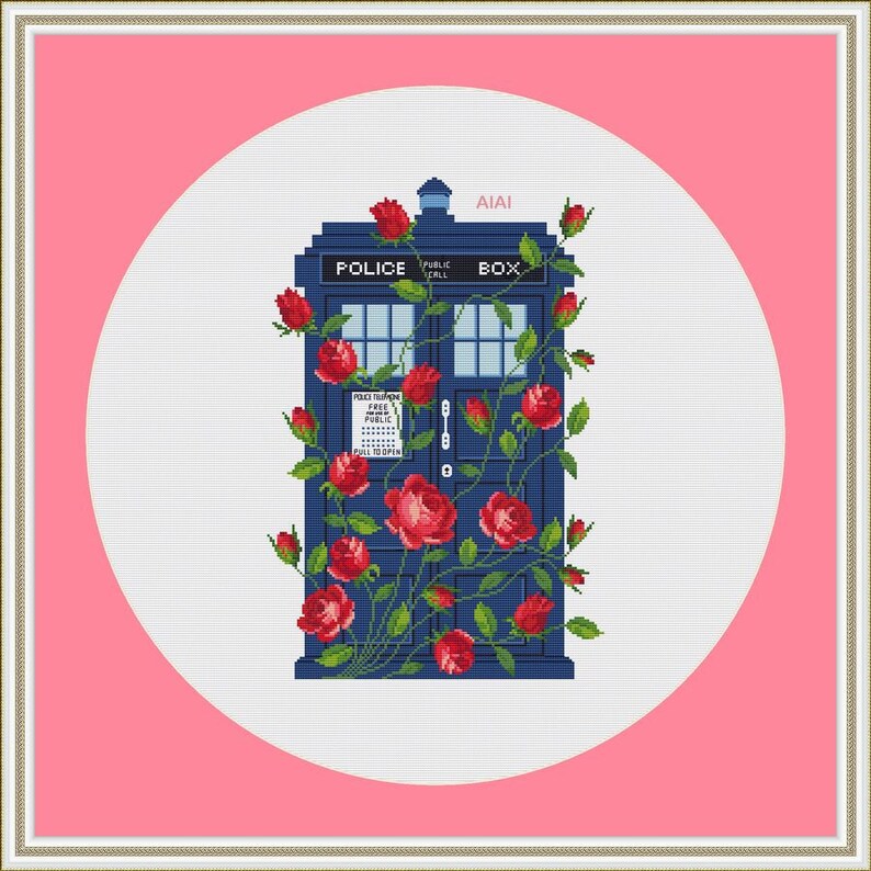 Cross Stitch Pattern Police Box Tardis Doctor Who Roses Flowers ...
