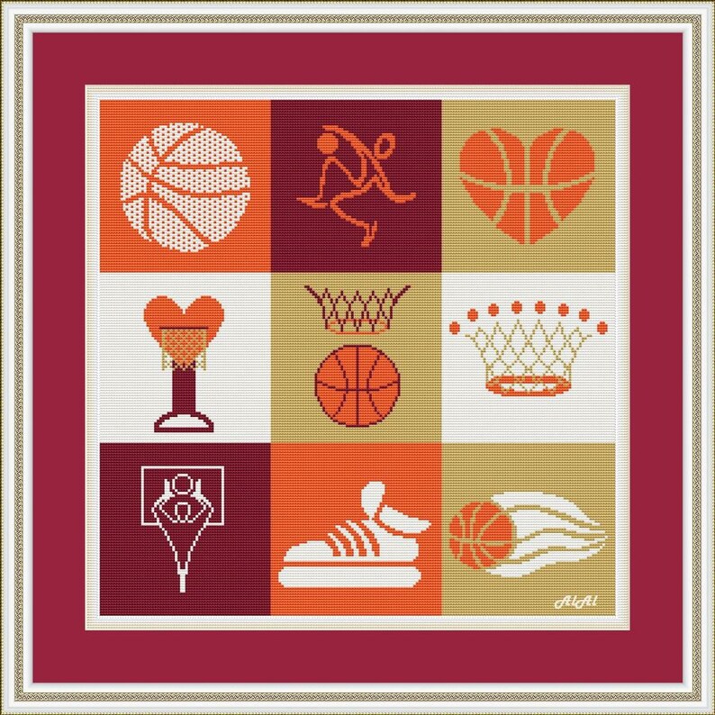 Cross Stitch Pattern Sport Sampler Basketball Heart Basket Player Ball ...