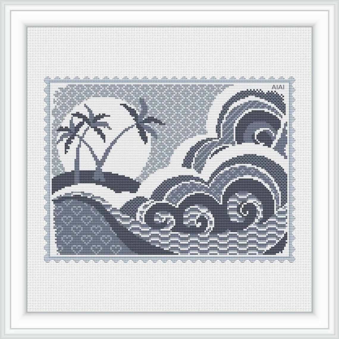 Cross Stitch Pattern Vintage Postage Stamp Sea Waves Palm Island ...