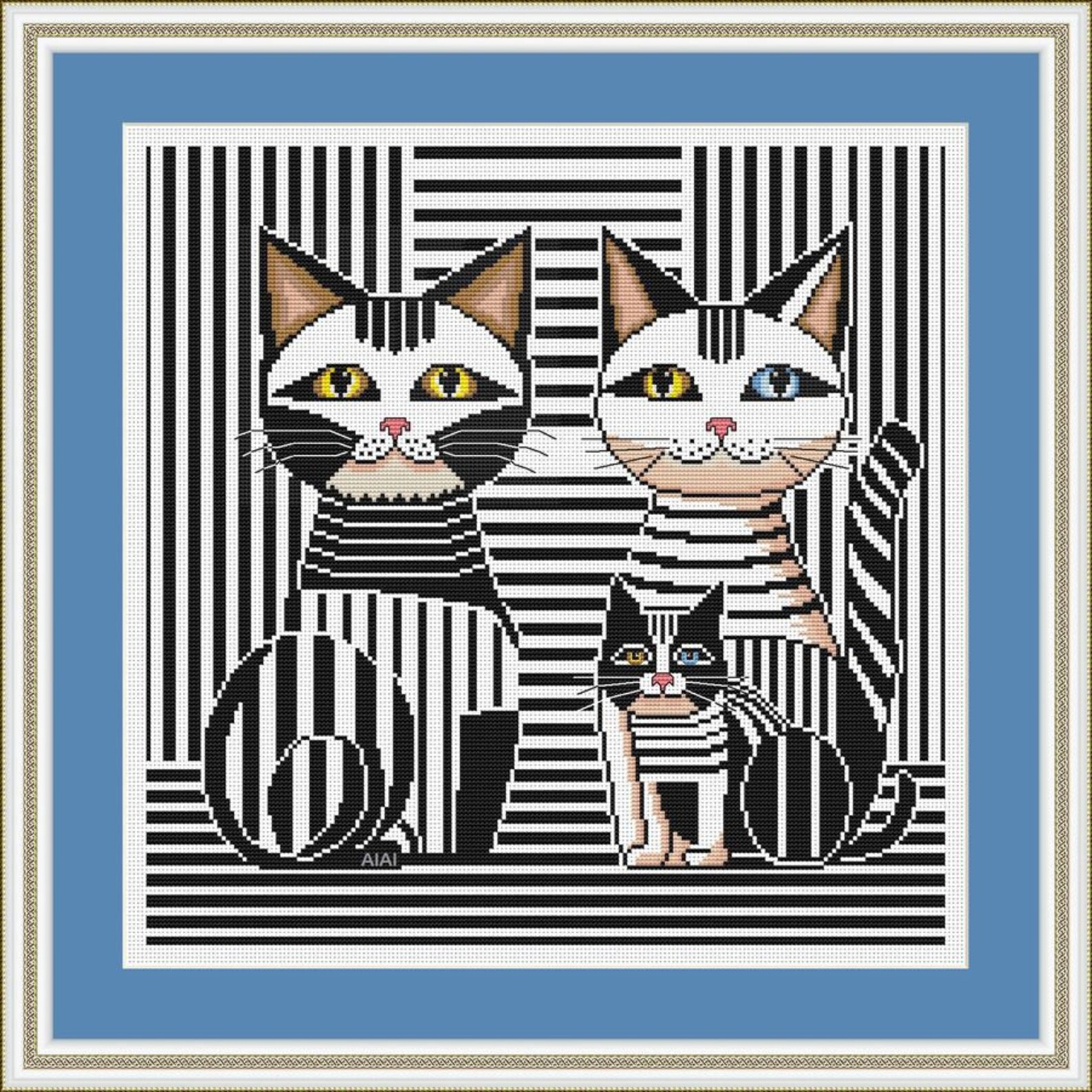 Cross Stitch Pattern Panel Striped Cats Modern Ornament Feline Family ...